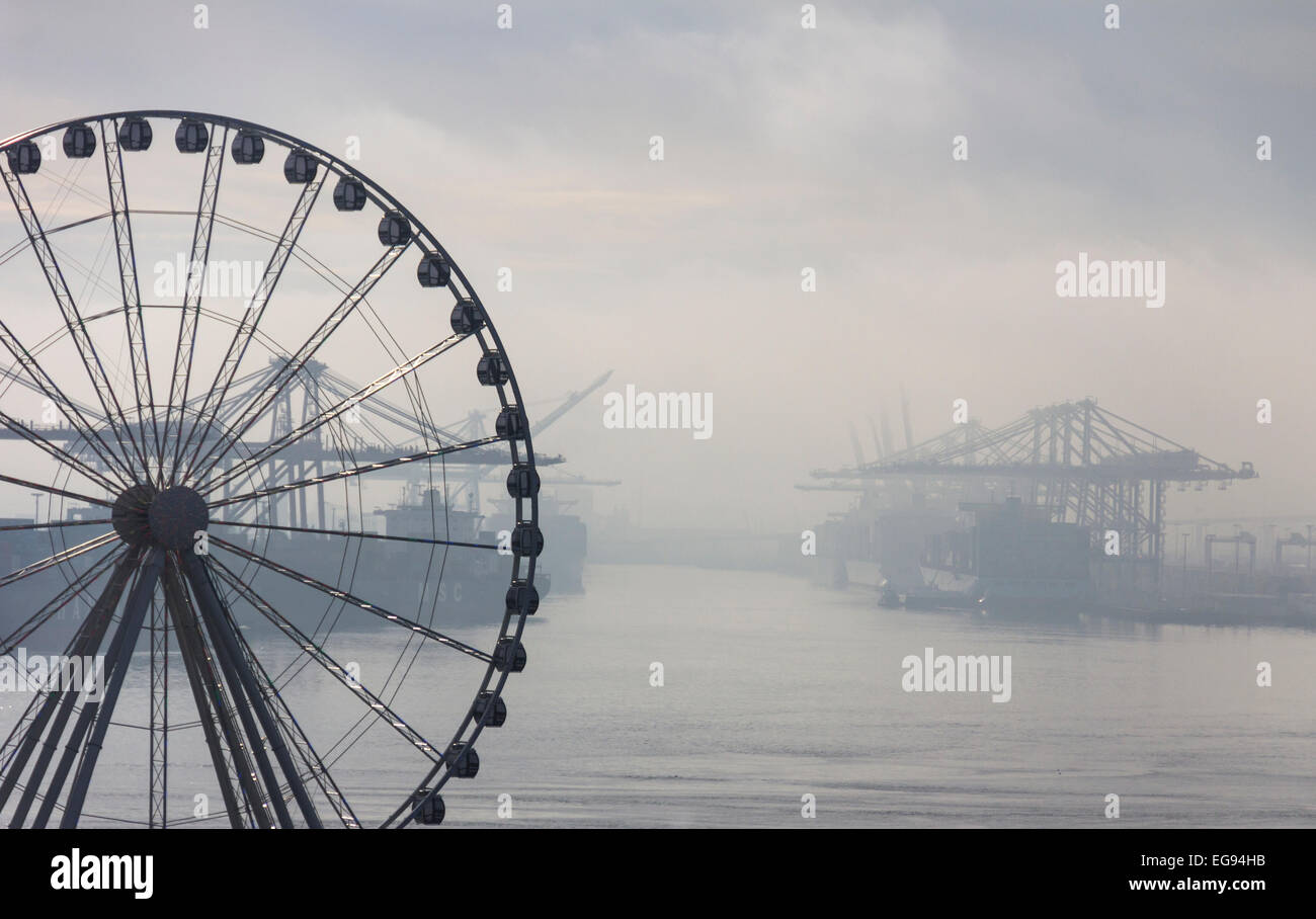 Giant ferris wheel in the mist overlooking Seattle waterfront Stock ...