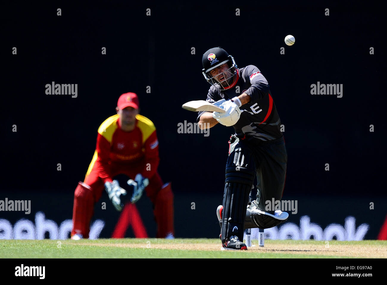 Nelson, New Zealand. 19th Feb, 2015. Rohan Mustafa from the UAE ducks a ...
