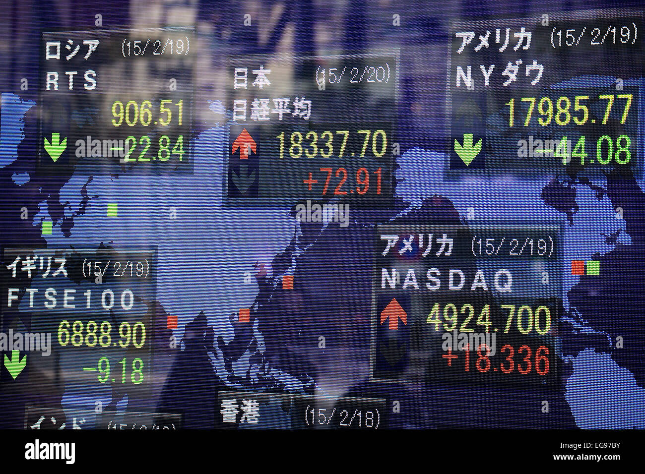 Nikkei stock rises on February 20, 2015, Tokyo, Japan : People are ...