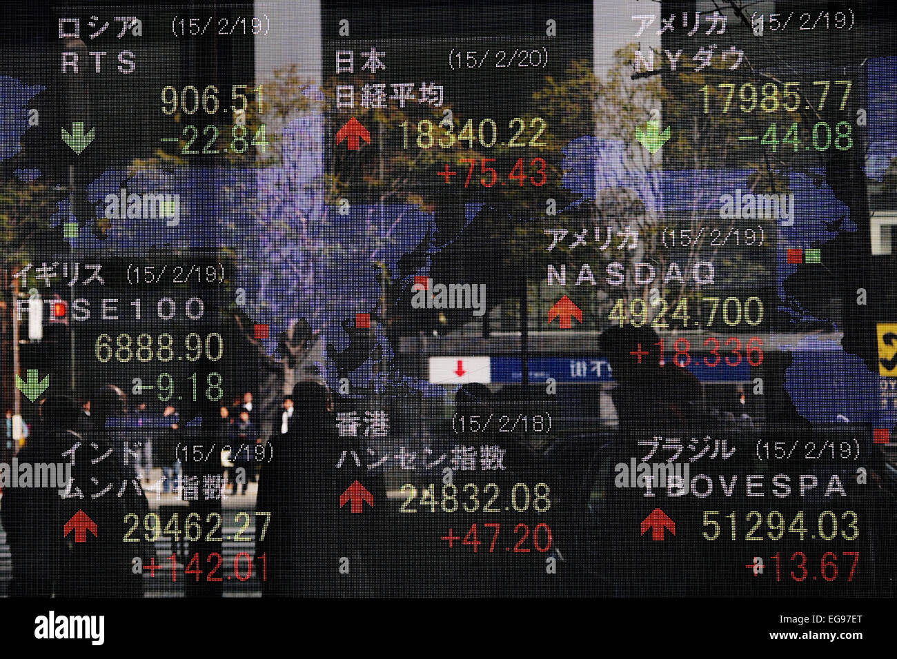 Nikkei stock rises on February 20, 2015, Tokyo, Japan : People are ...