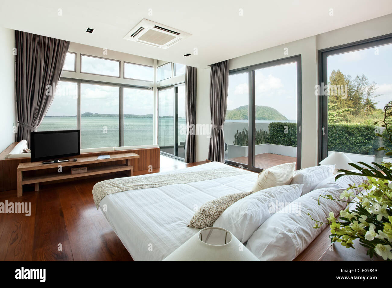 panoramic view of nice cozy bedroom with summer outdoor Stock Photo - Alamy
