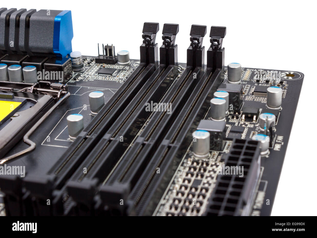 Electronics components on modern PC computer motherboard with RAM ...