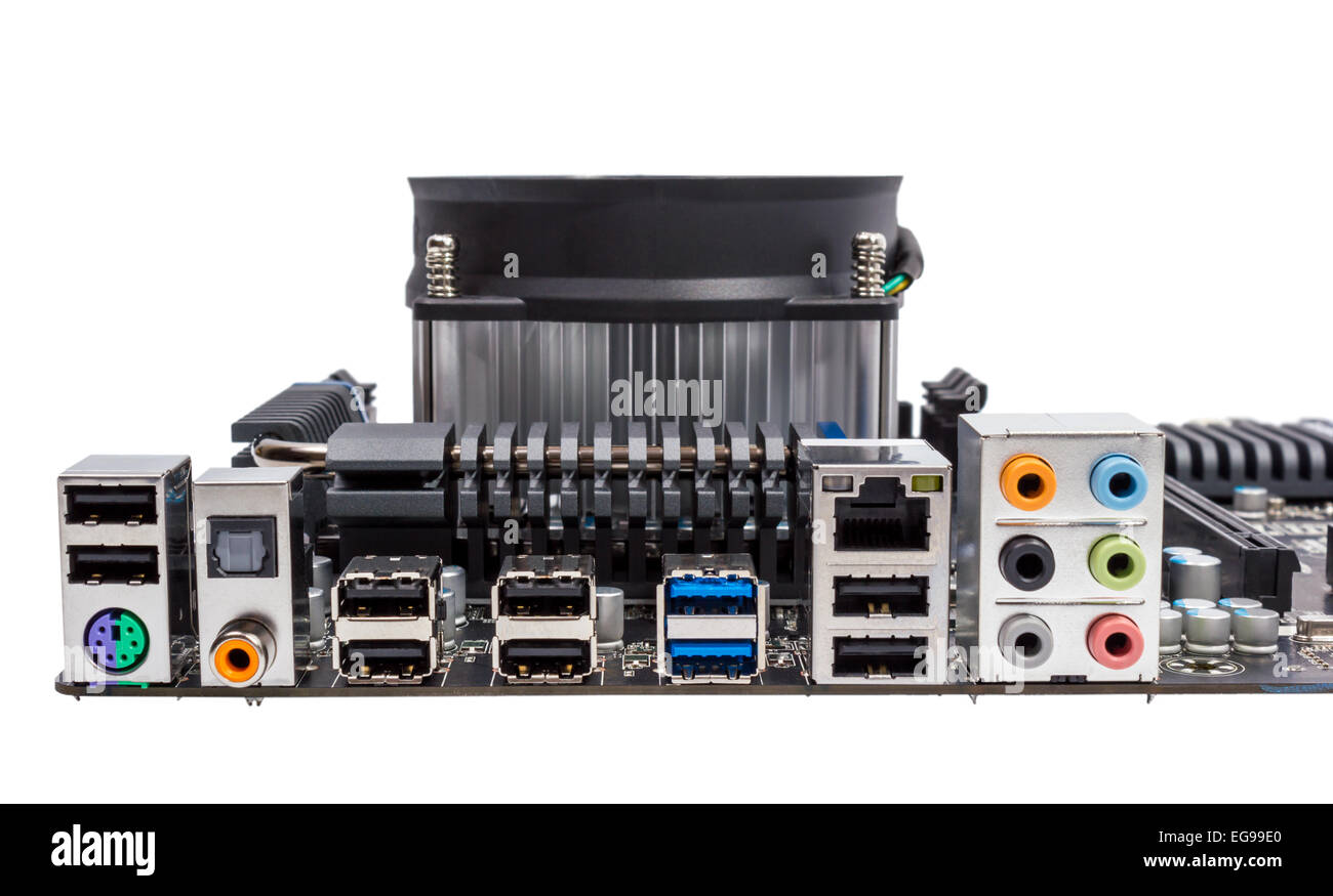 Computer motherboard isolated on white background with CPU cooler Stock ...