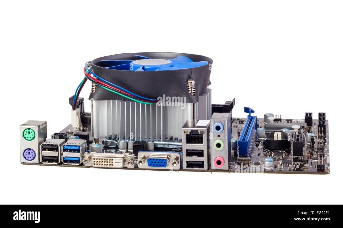 Computer motherboard isolated on white background with CPU cooler Stock ...