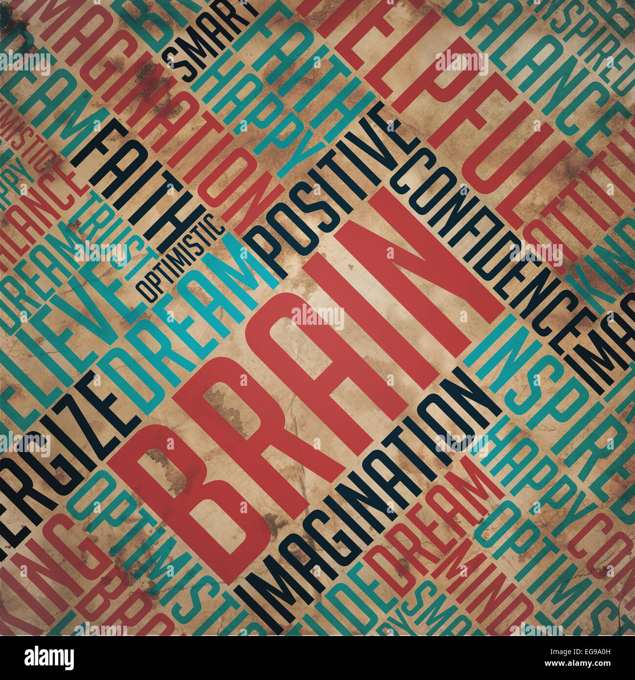 Brain - Grunge Printed Word Collage on Old Fulvous Paper Stock Photo ...