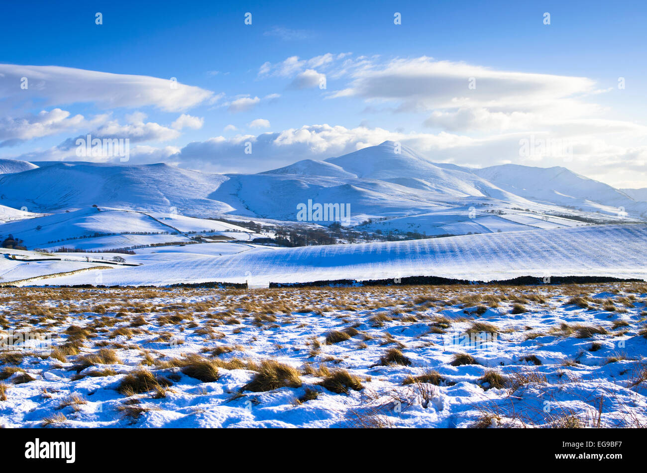 The Skiddaw mountain massif in full snow cover, seen from the Caldbeck ...