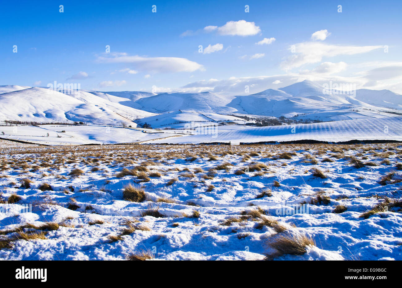 The Skiddaw mountain massif in full snow cover, seen from the Caldbeck ...