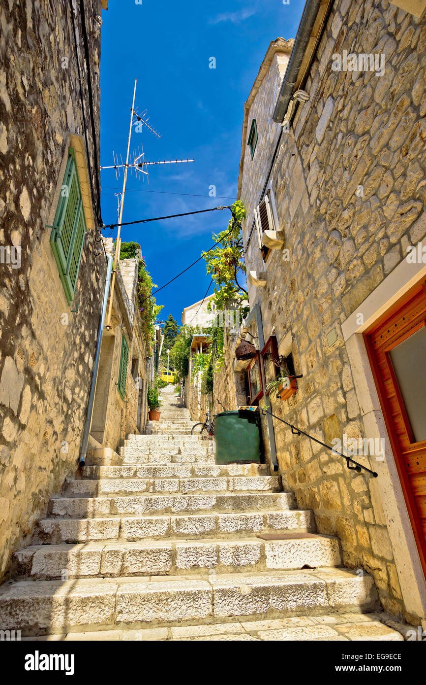 Hvar island old stone street vertical view in Dalmatia, Croatia Stock ...