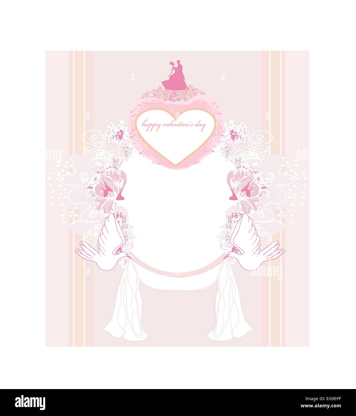 romantic card with dancing couple, love birds and golden wedding rings ...