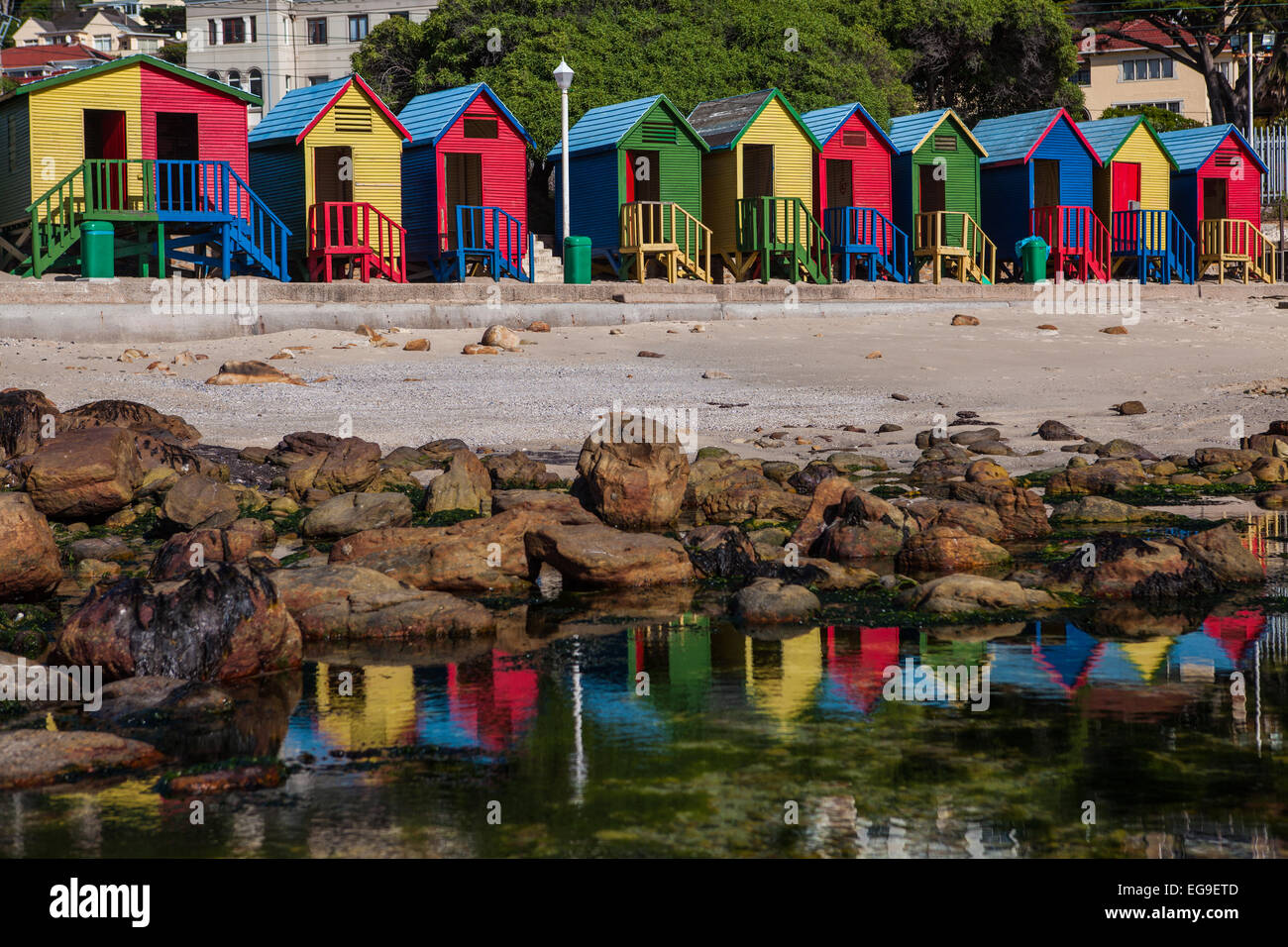 South Africa, Muizenberg, Colorful houses on St James Beach Stock Photo ...