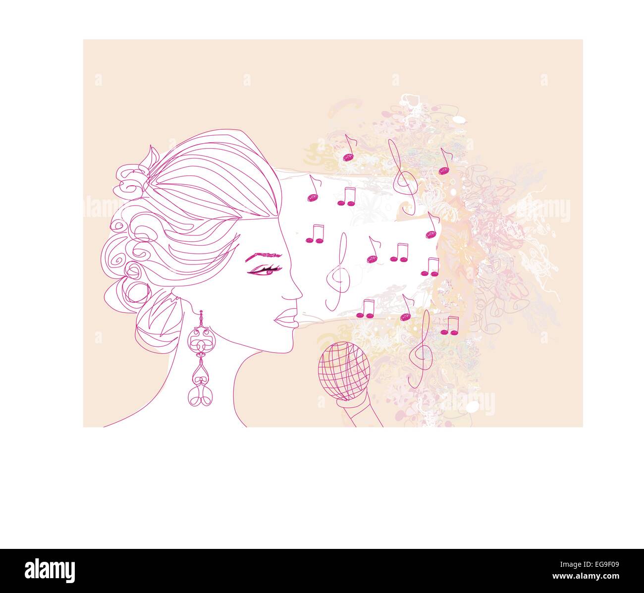 hand drawn girl singing a song on a floral background Stock Vector ...