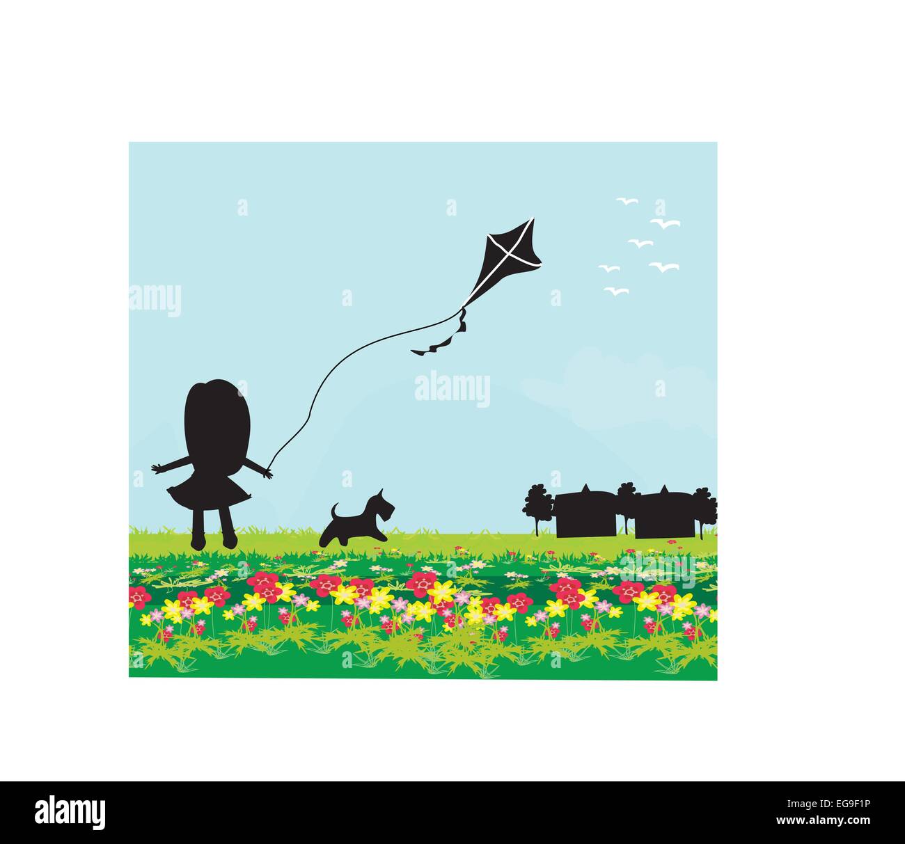 girl with flying kite Stock Vector Image & Art - Alamy