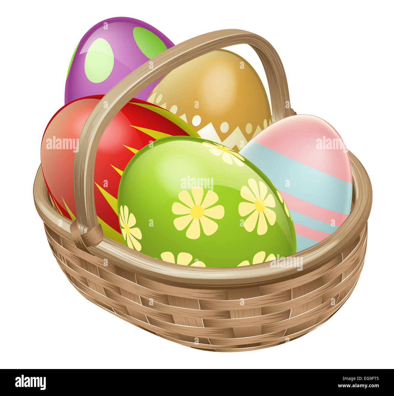 An illustration of an Easter Egg hamper basket with chocolate decorated ...
