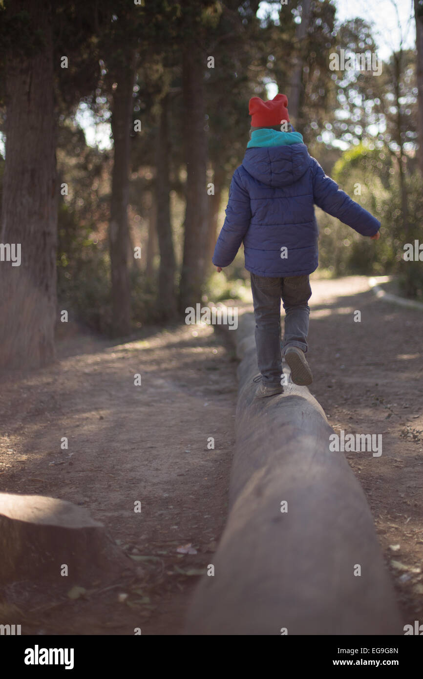 Rear view of boy on log Stock Photo - Alamy