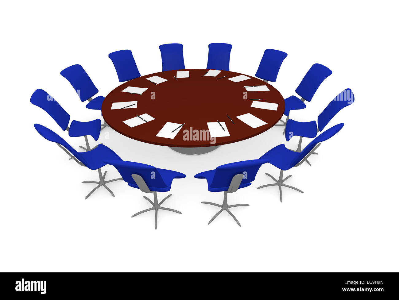 Round office table with blue chairs, meeting or teamwork concept Stock ...