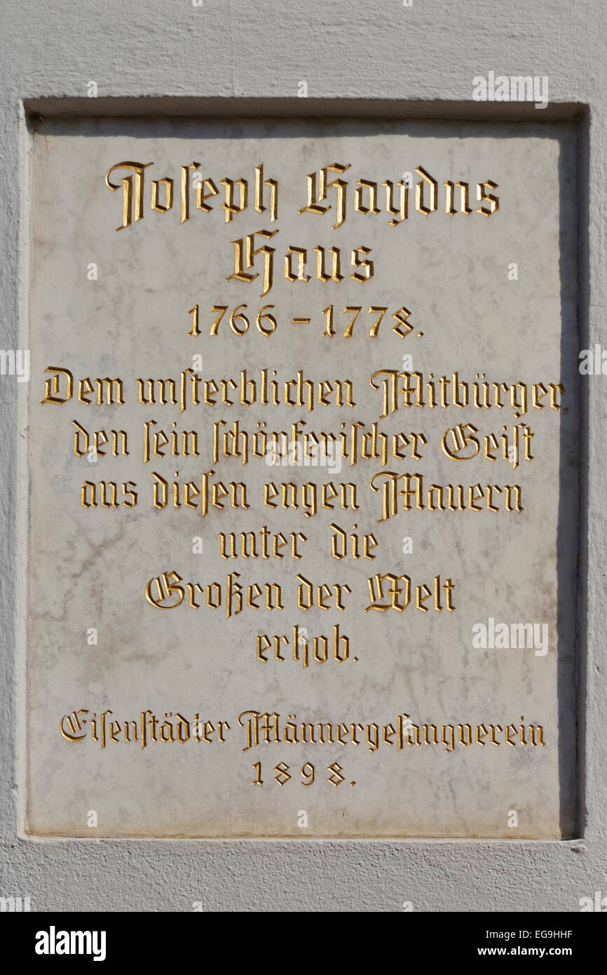 Memorial plaque at the Haydn House, Eisenstadt, Northern Burgenland ...