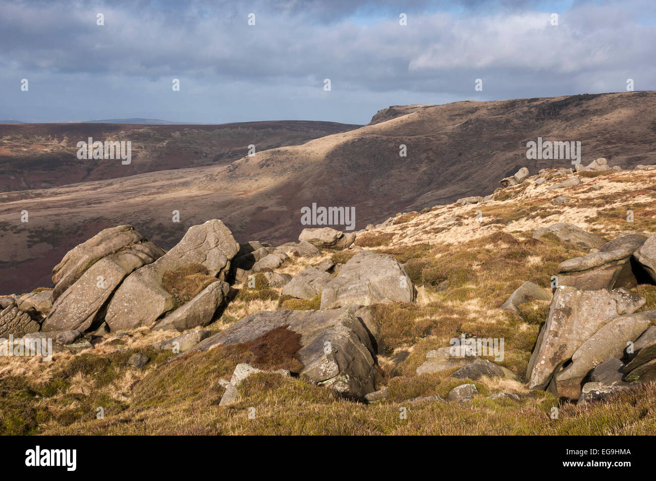 Gritstone rocks scattered across the moors below Kinder Scout. View ...
