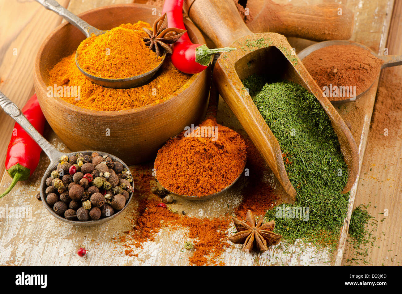 colourful dried ground spices on spoons Stock Photo - Alamy
