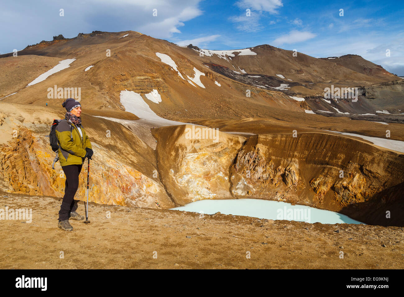 Hikers near Viti geothermal lake and Askja caldera. Central Highlands ...