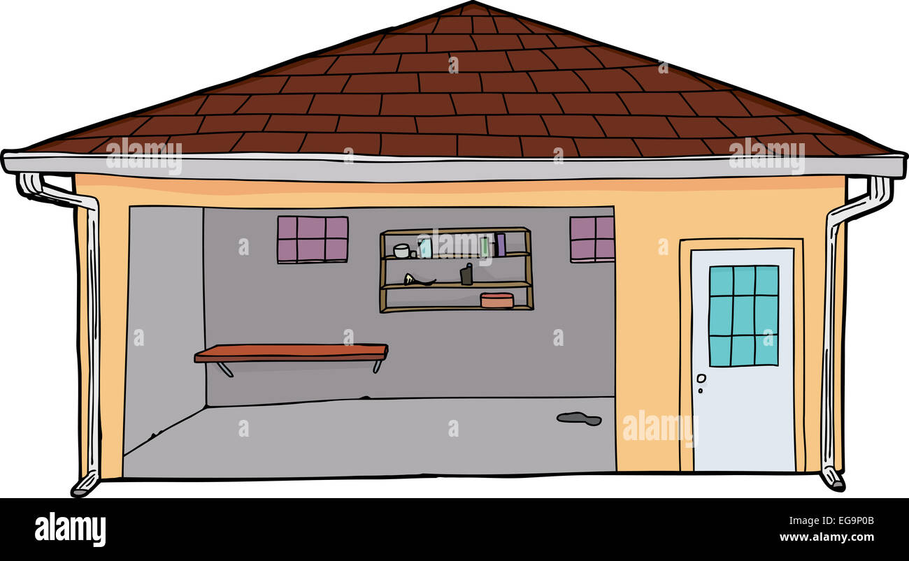 Isolated yellow cartoon garage with shelf and doorway Stock Photo - Alamy