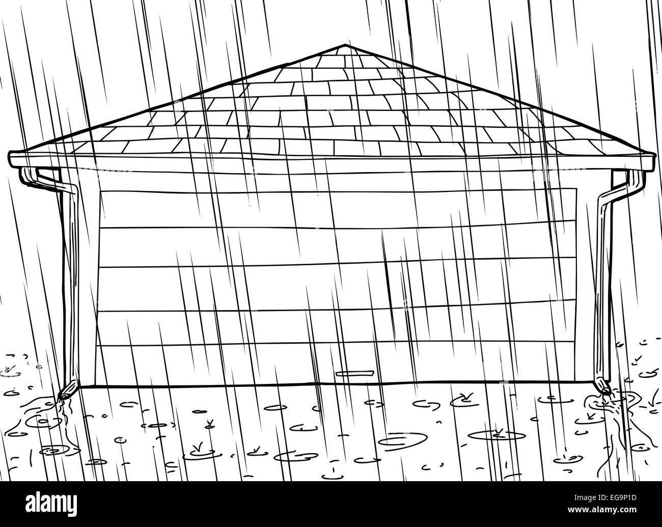 Outline of residential garage with closed door and rain Stock Photo - Alamy