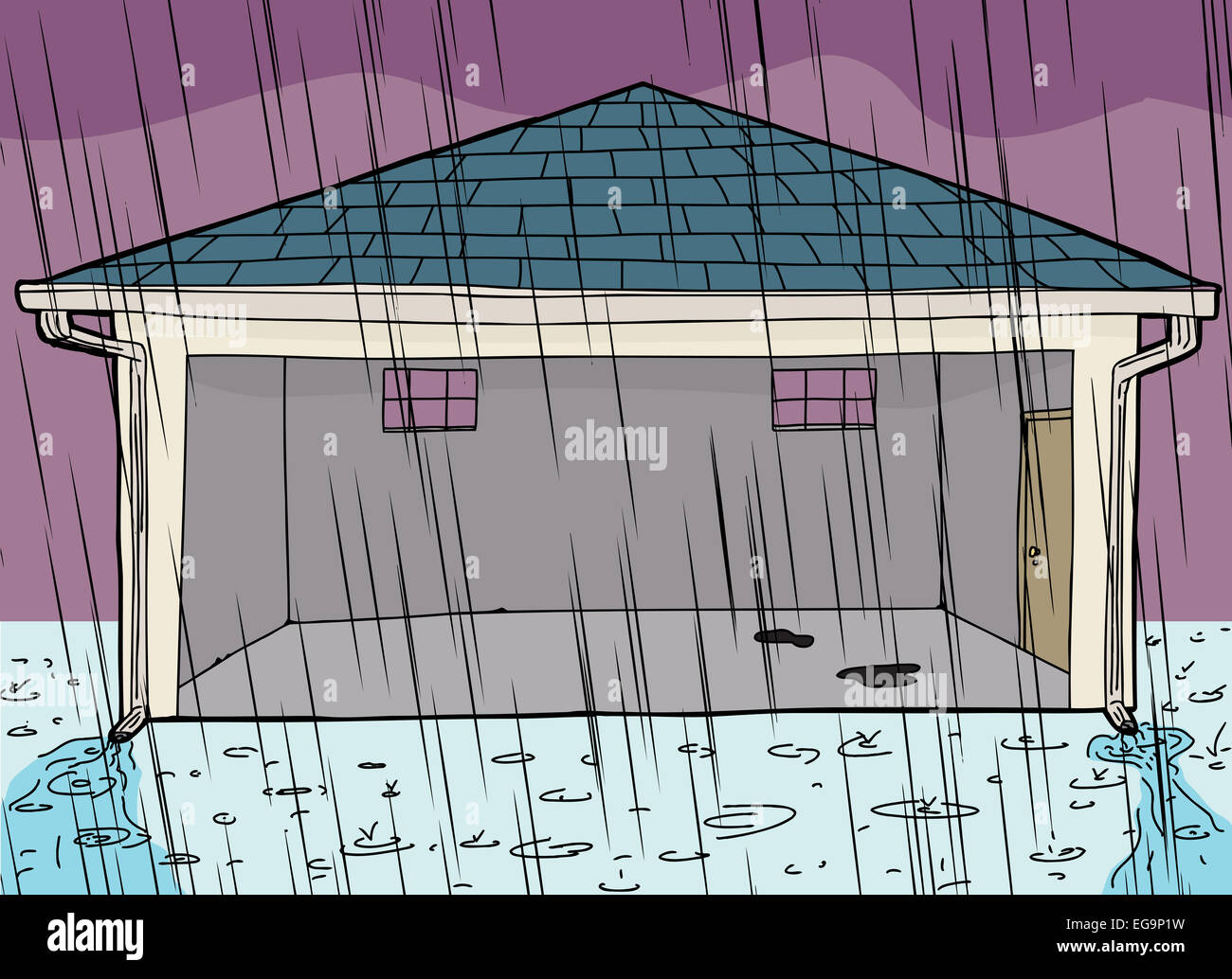 Cartoon of garage with open door during rain storm Stock Photo - Alamy