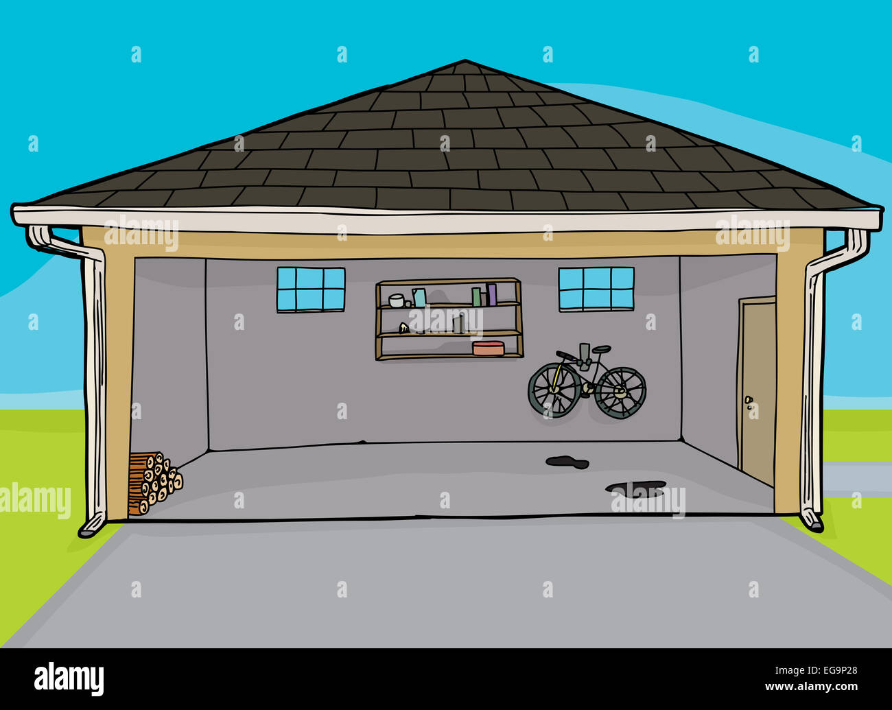 Open garage with bike and firewood pile inside Stock Photo - Alamy