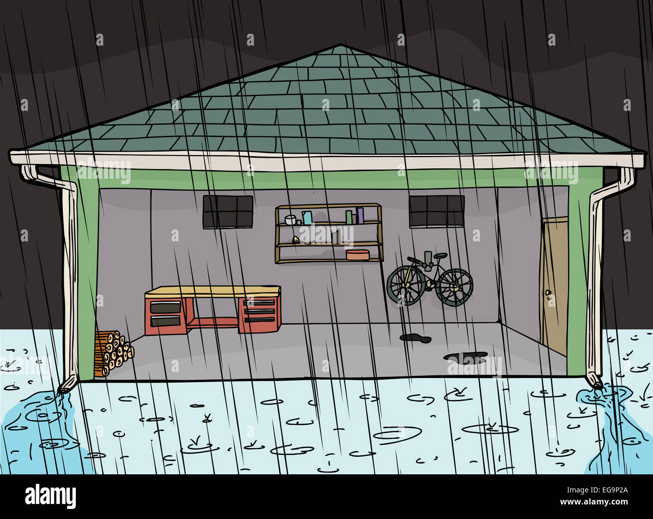 Open garage door at night during rain storm Stock Photo - Alamy