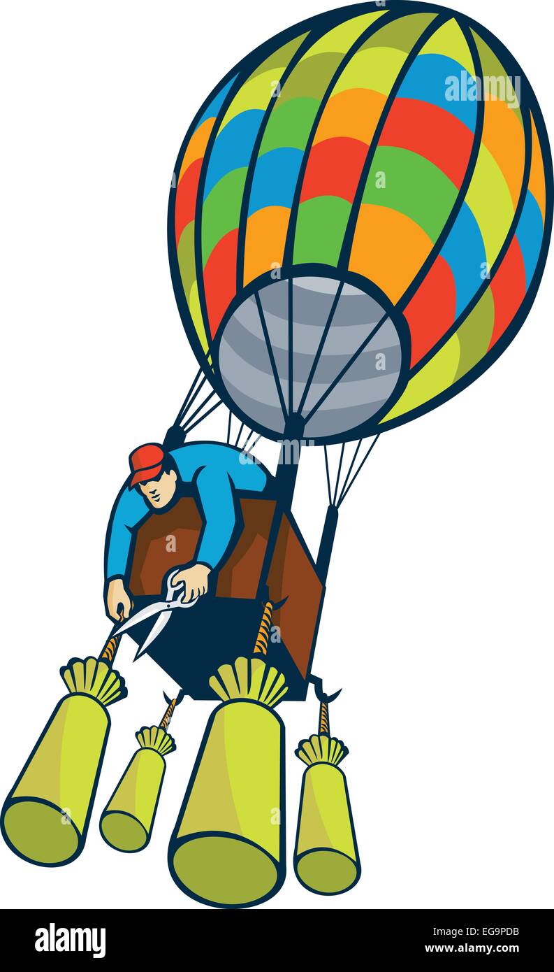 Illustration of a man cutting ballast of hot air balloon with pair of ...