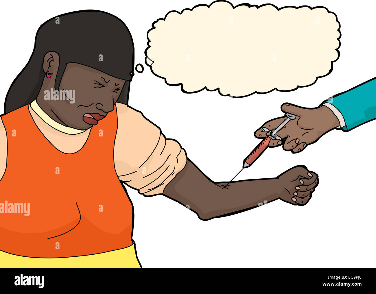 Scared lady with thought bubble while receiving injection Stock Photo ...