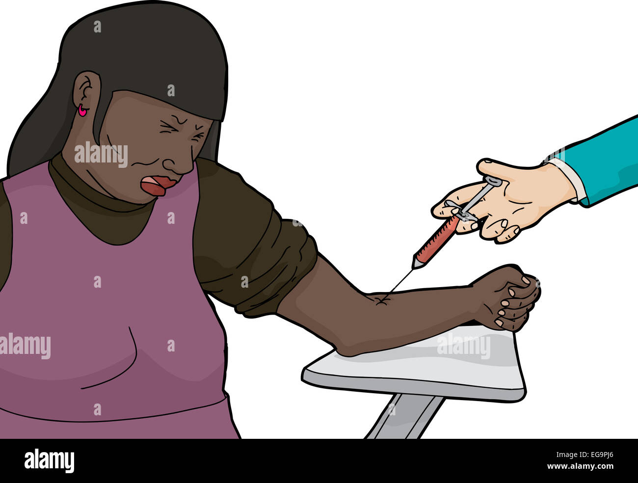 Cartoon of African adult female cringing while giving blood for test ...