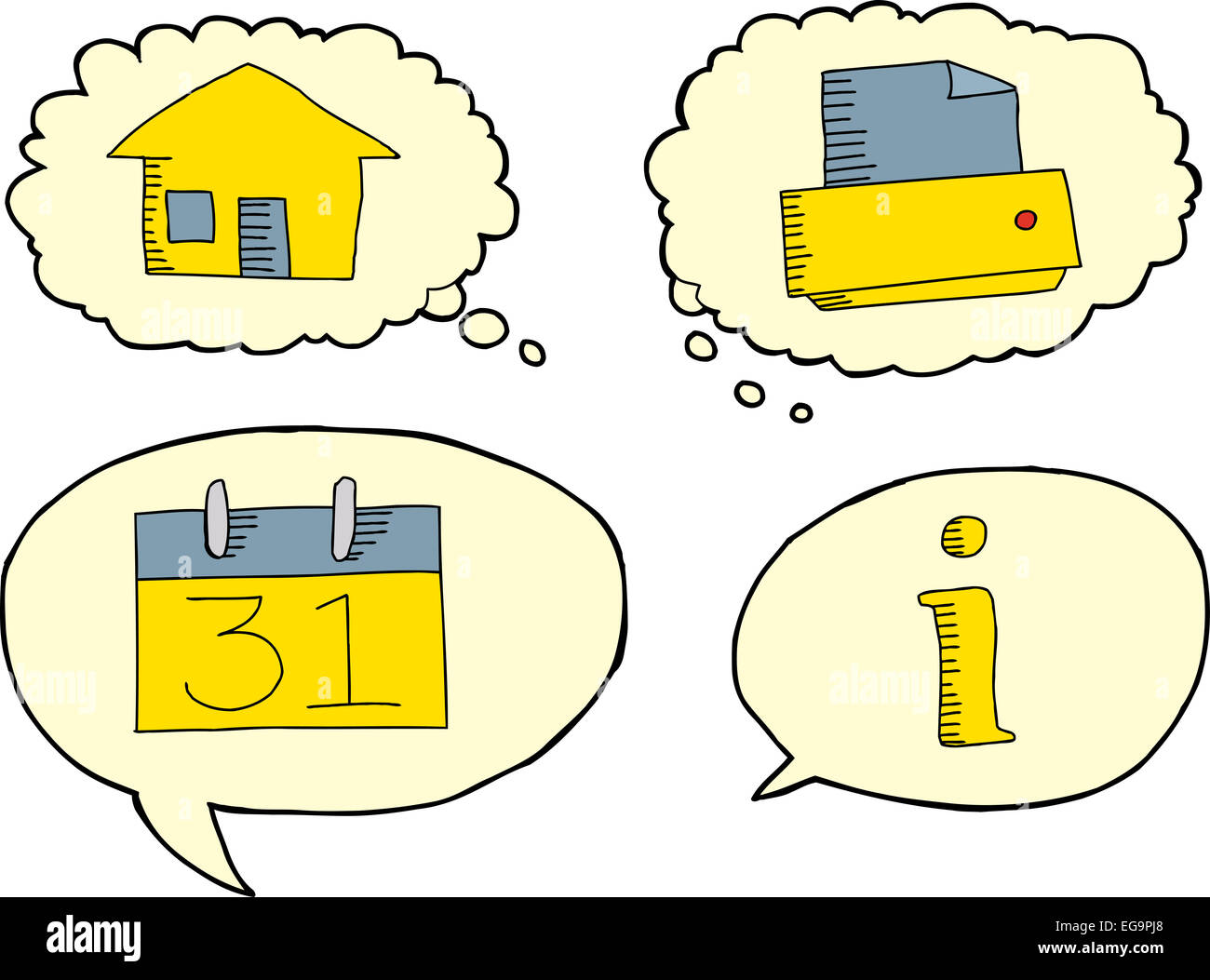 Hand drawn yellow technology icons in dialog bubbles Stock Photo - Alamy