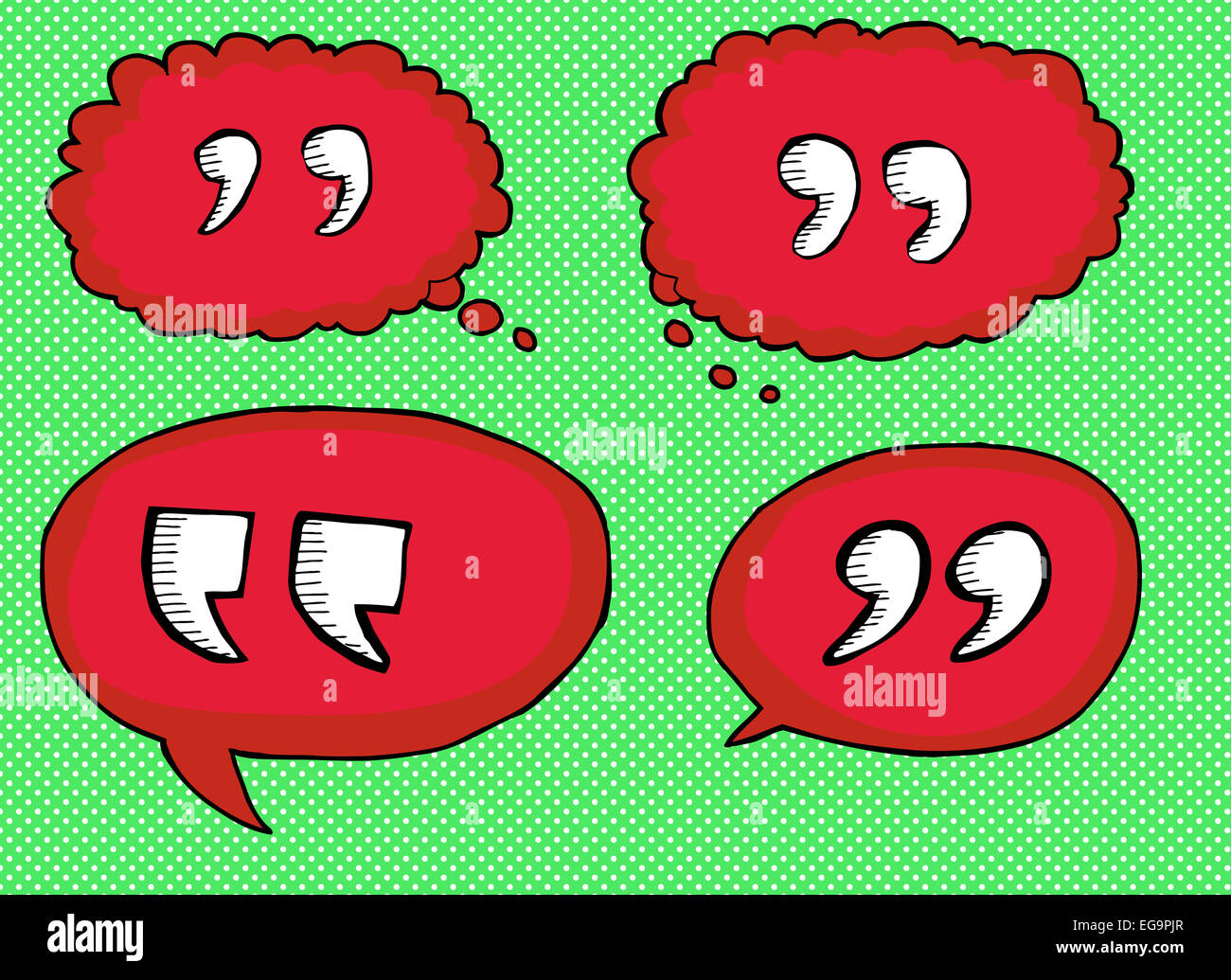 Red hand drawn quotation marks in bubbles over green Stock Photo - Alamy