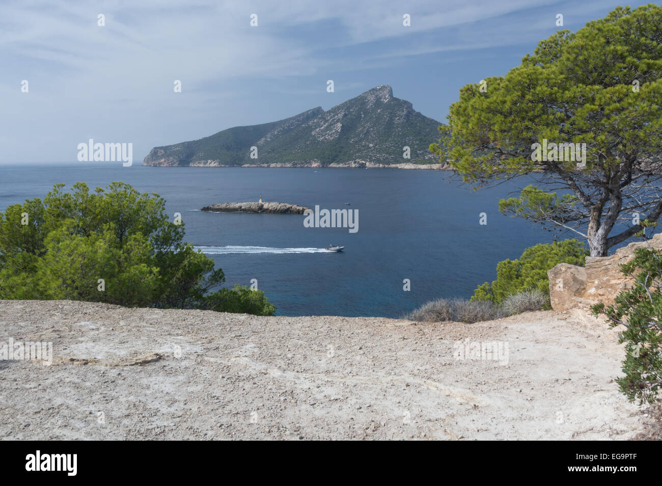 Majorca landscape scenery with boat and the isle of Dragonera Stock ...