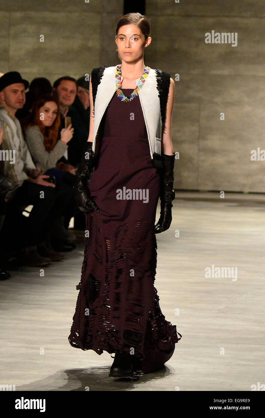 New York, USA. 20th Feb, 2015. A model presents a creation of Dorin ...