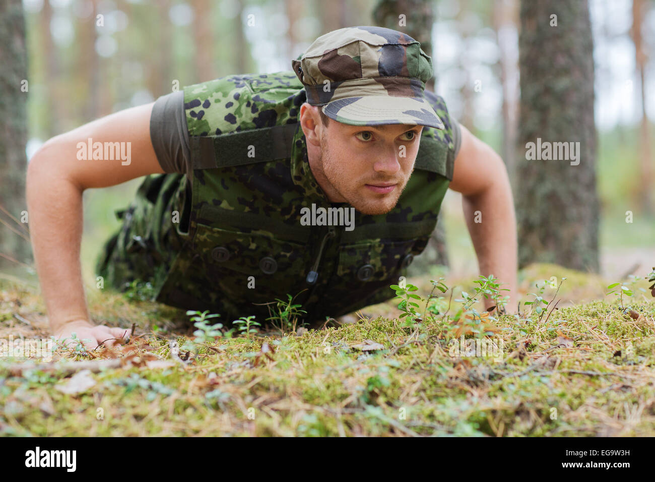 young soldier or ranger doing push-ups in forest Stock Photo - Alamy