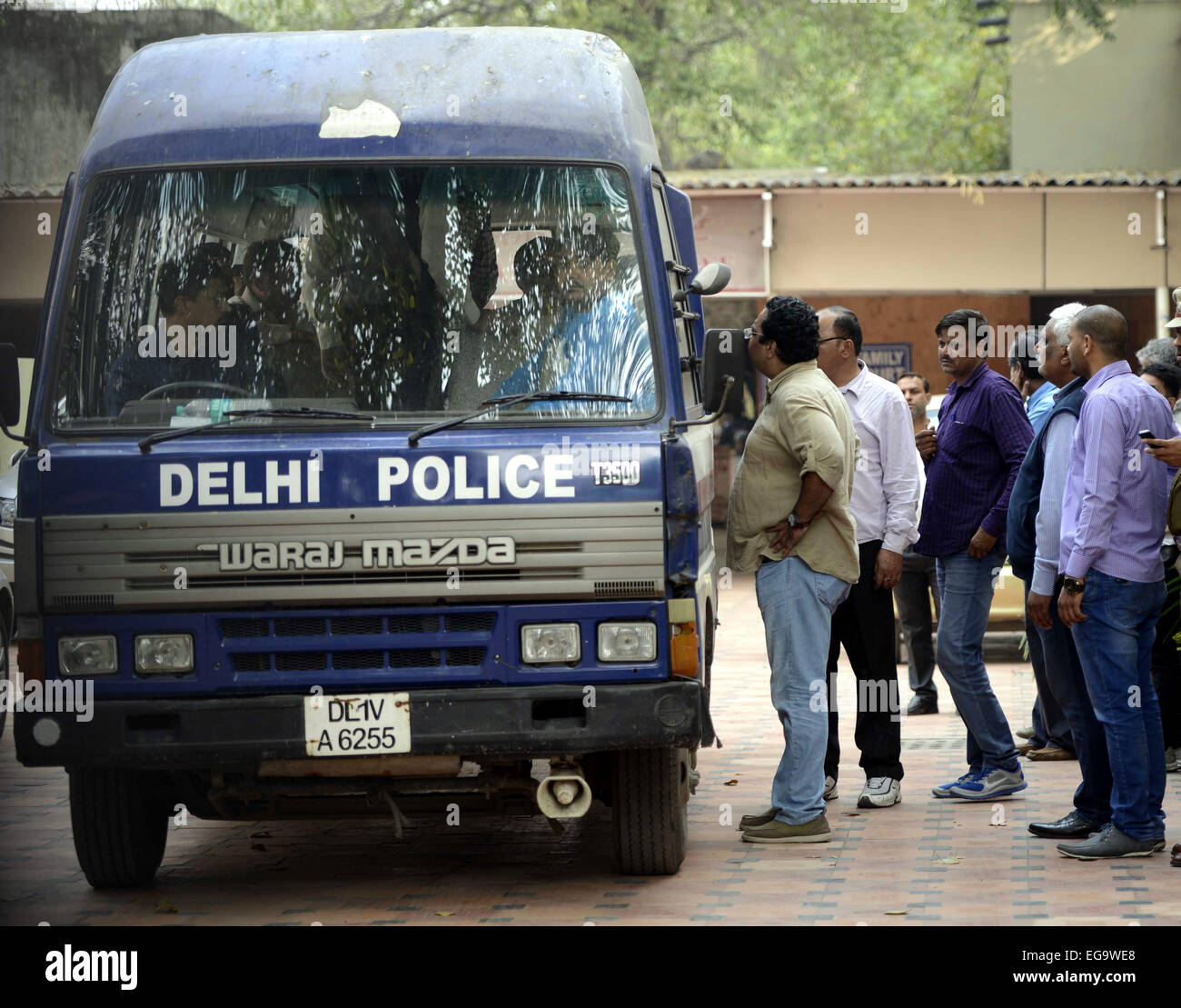 New Delhi, India. 20th Feb, 2015. A Delhi police bus carrying the ...