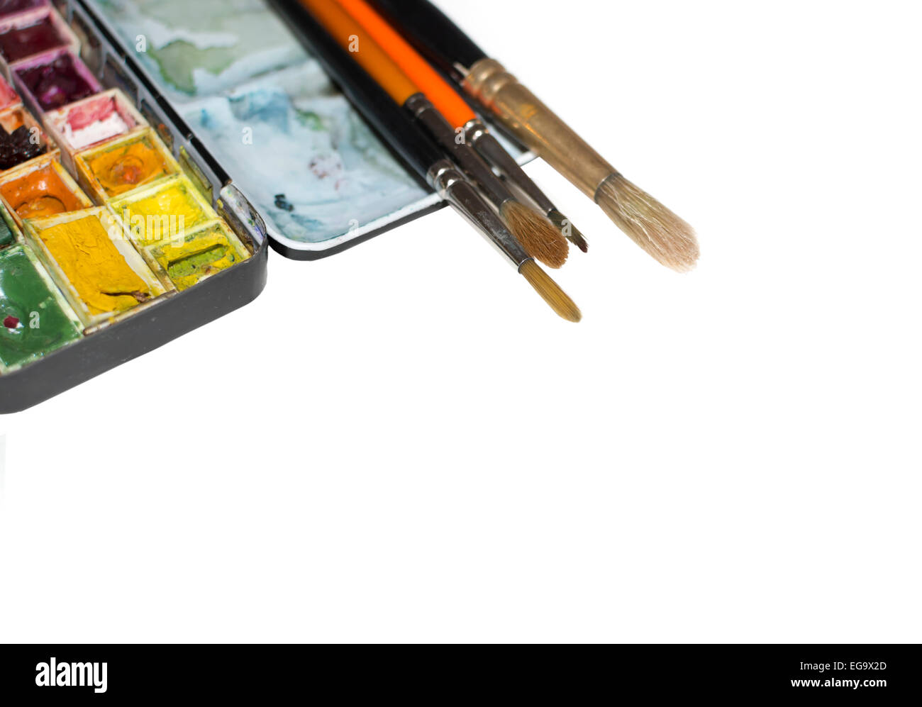 Watercolor box and brushes isolated on white. Artist tools - a well ...