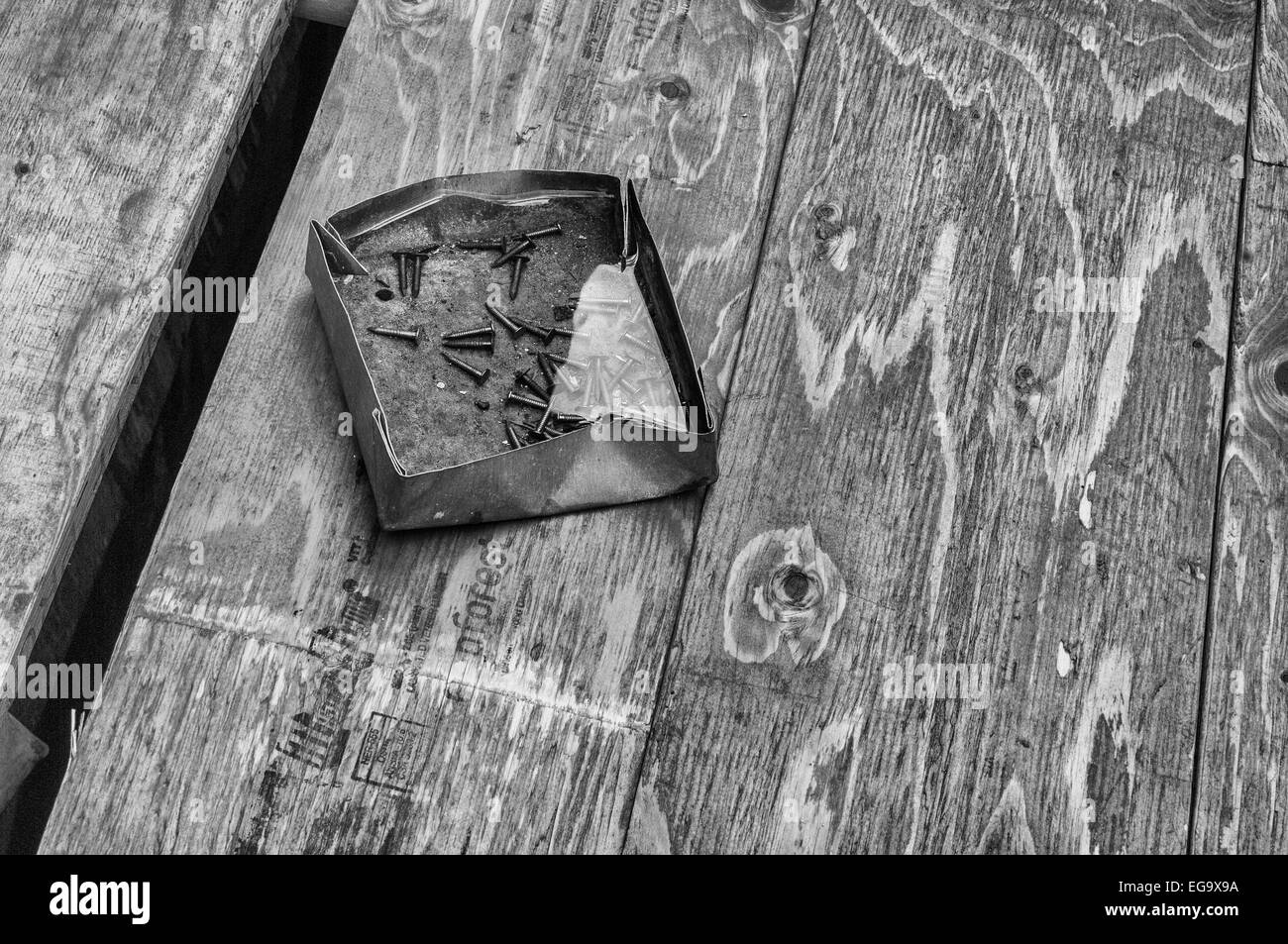 Discarded tin box within which are some screws and filled with water on ...