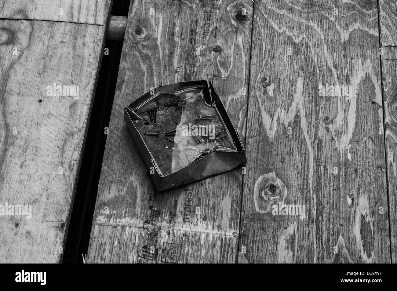 Discarded tin box within which are some screws and filled with water on ...