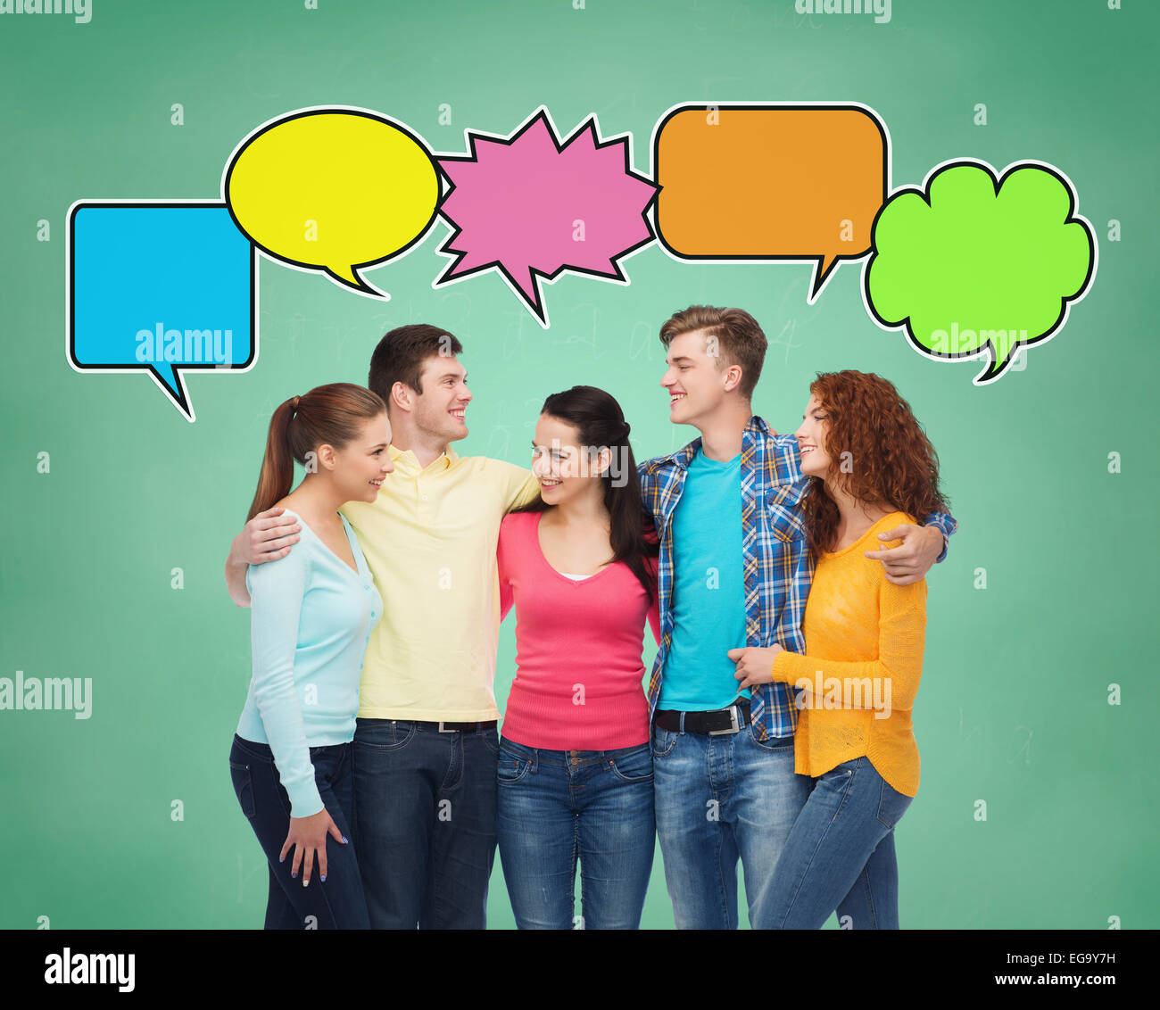 group of smiling teenagers with text bubbles Stock Photo - Alamy