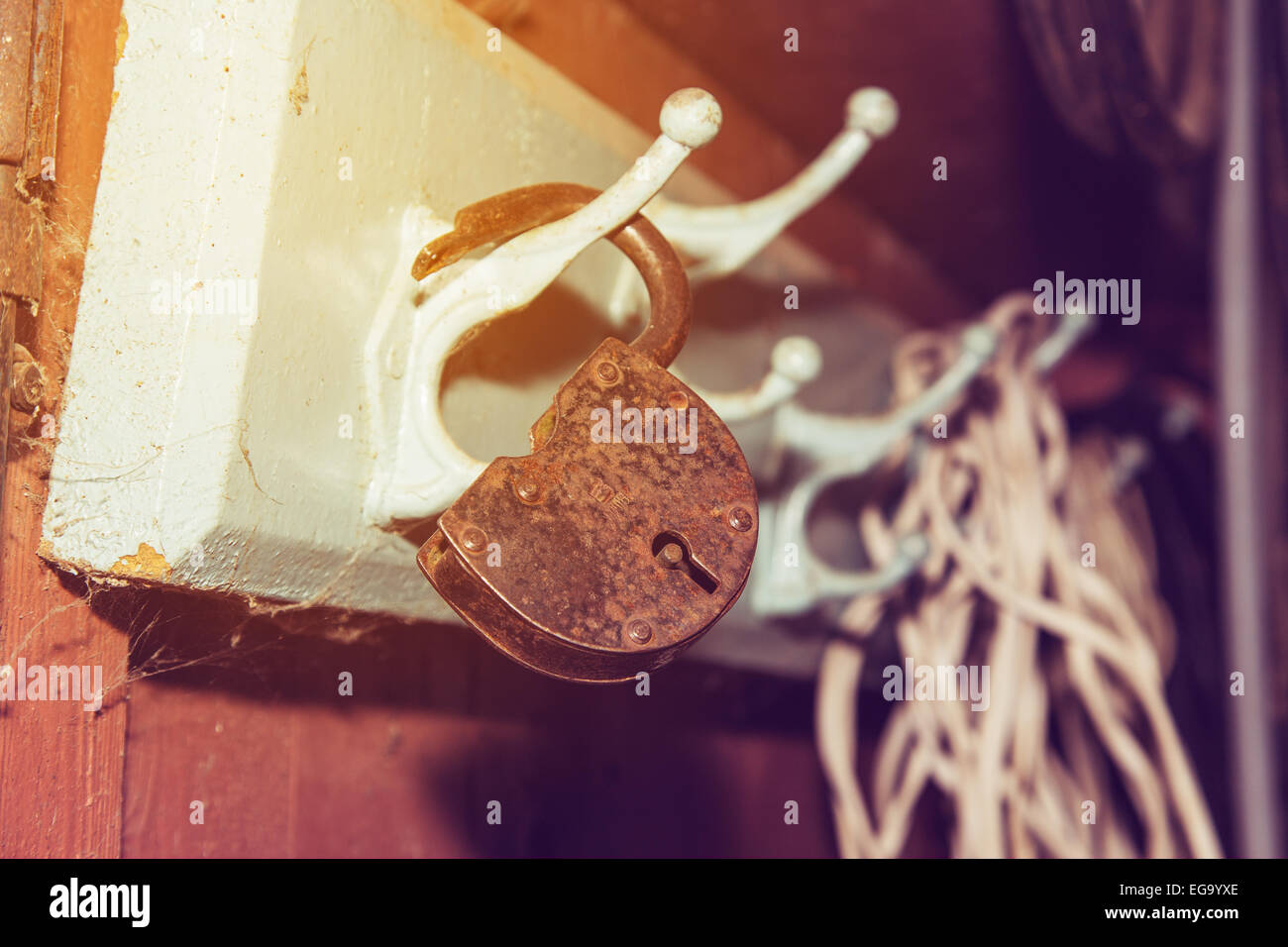 padlock rusty old hanging on the hanger Stock Photo - Alamy