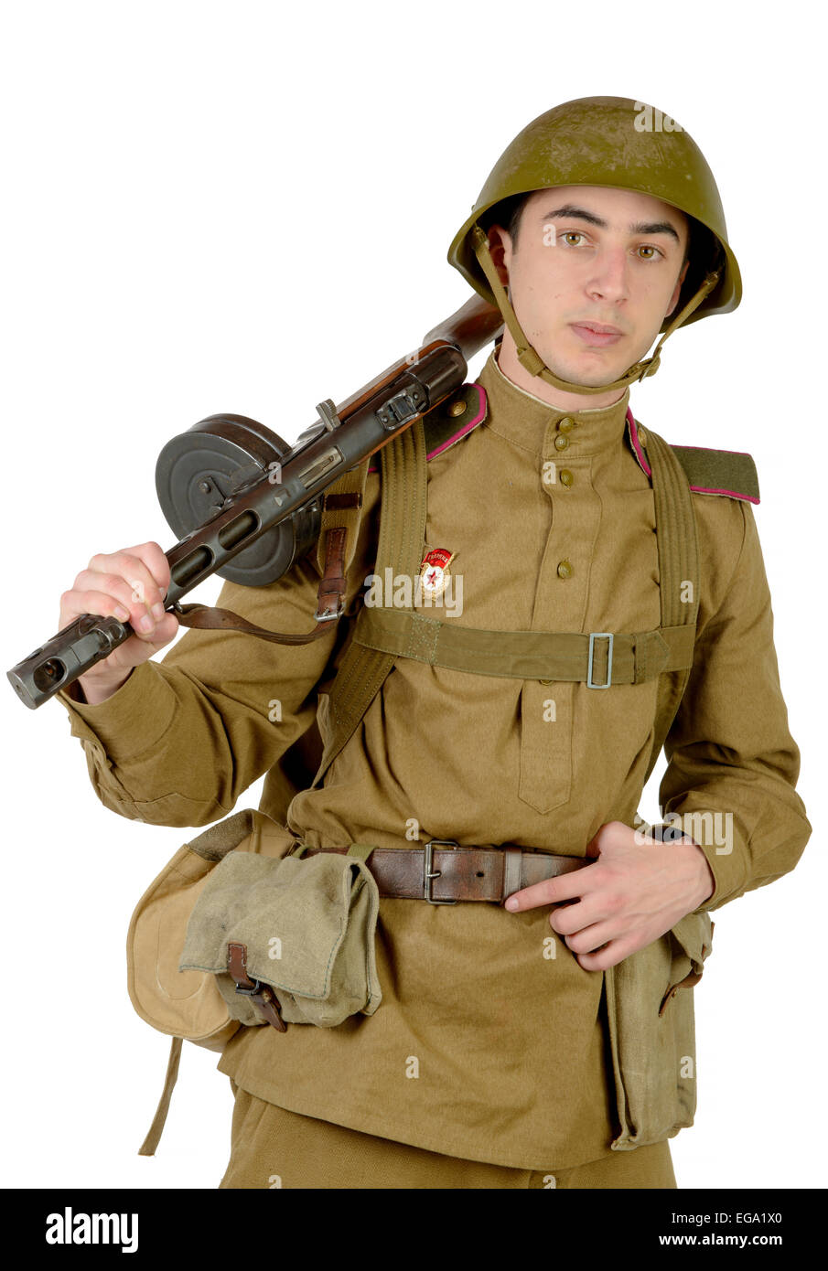 young Soviet soldier with machine gun on the white background Stock ...