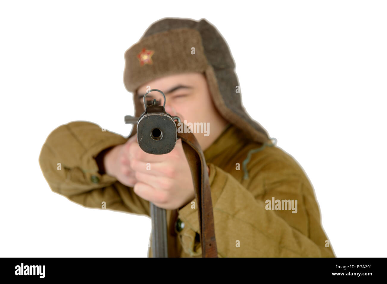 a young Soviet soldier with a machine gun on white background Stock ...