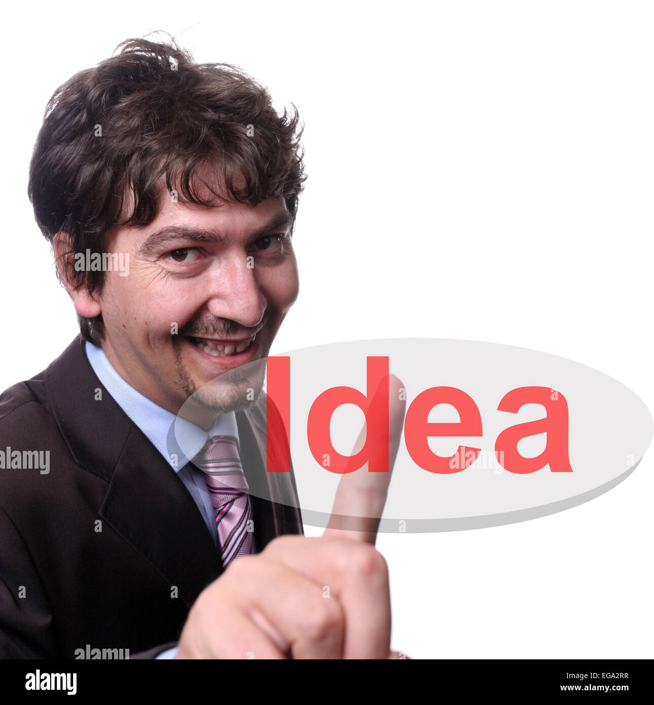 Young business man presses the Idea key, isolated on white background ...