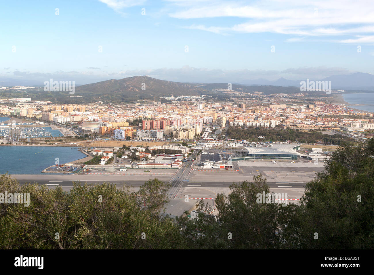 View over airport runway to Spanish town of La Linea from Gibraltar ...