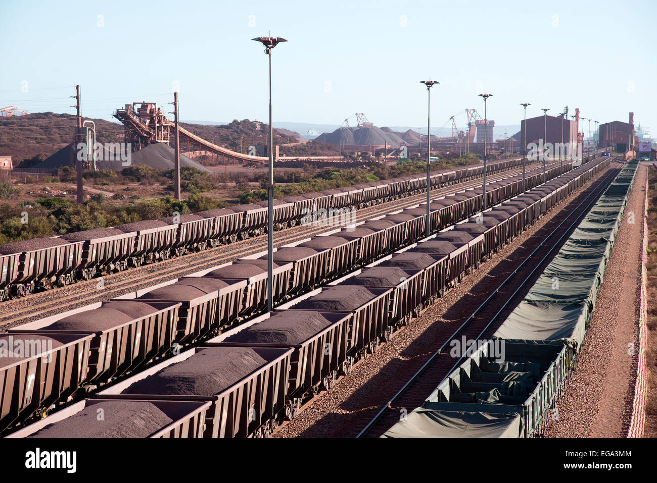 Iron Ore on railway wagons at Saldanha Bay Terminal Western Cape South ...