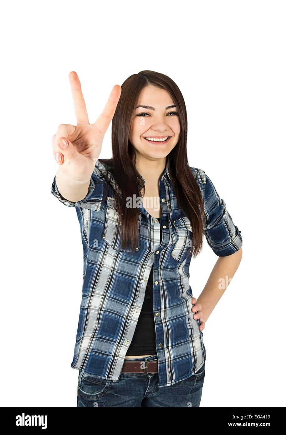 woman victory gesture Isolated on white background Stock Photo - Alamy