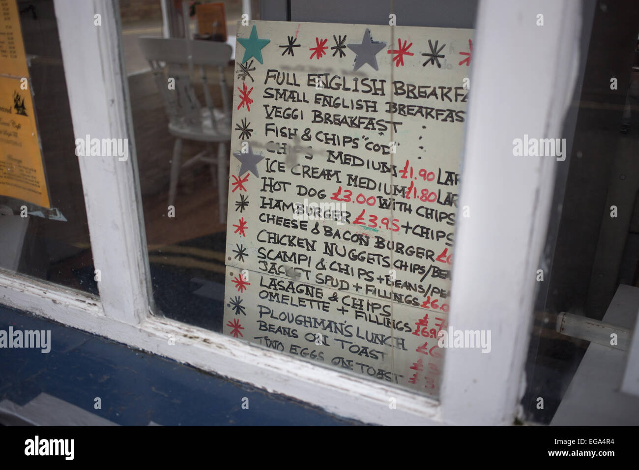 A handwritten menu in the window of a cafe in Old Leigh / Leigh-on-Sea ...