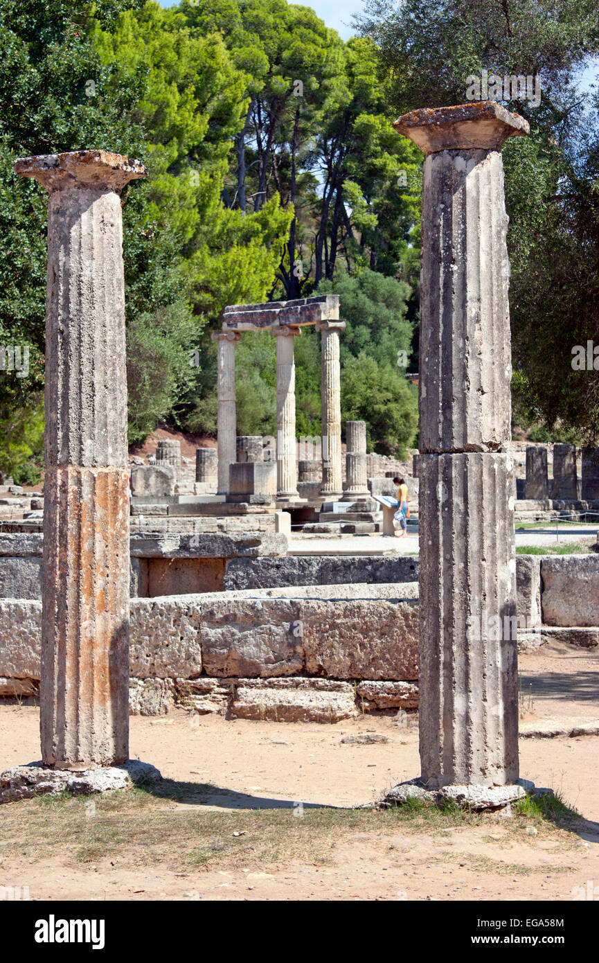 Doric columns in the ruins of the Palestra, Ancient Olympia, The ...